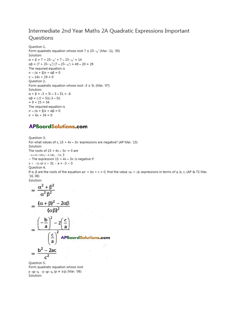 Maths 2A Quadratic Expressions Important Questions | PDF | Quadratic Equation | Square Root