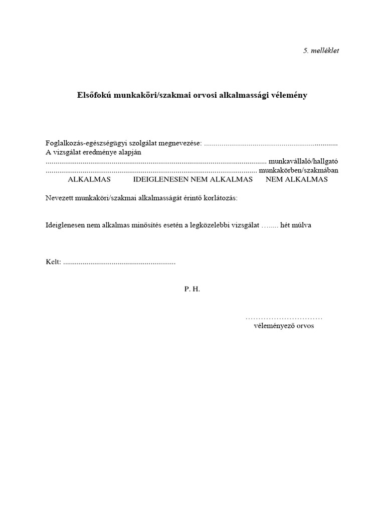 5 SZ Melleklet Elsofoku Munkakori Szakmai Orvosi Alkalmassagi Velemeny ...