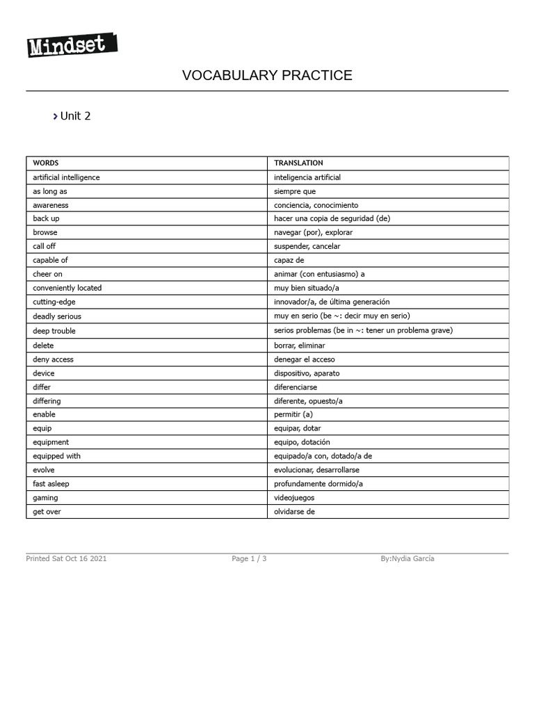 Vocabulario Inglés-Español: Unidad 2 | PDF