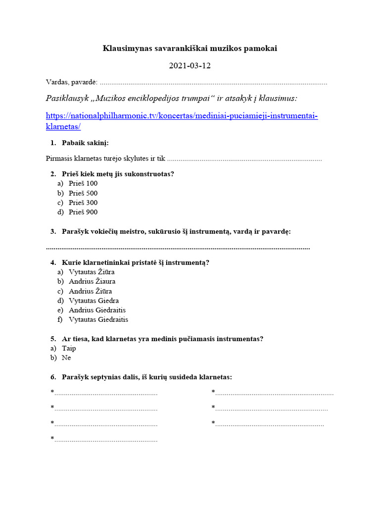 5.klausimynas Savarankiskai Muzikos Pamokai 2021 03 14 | PDF