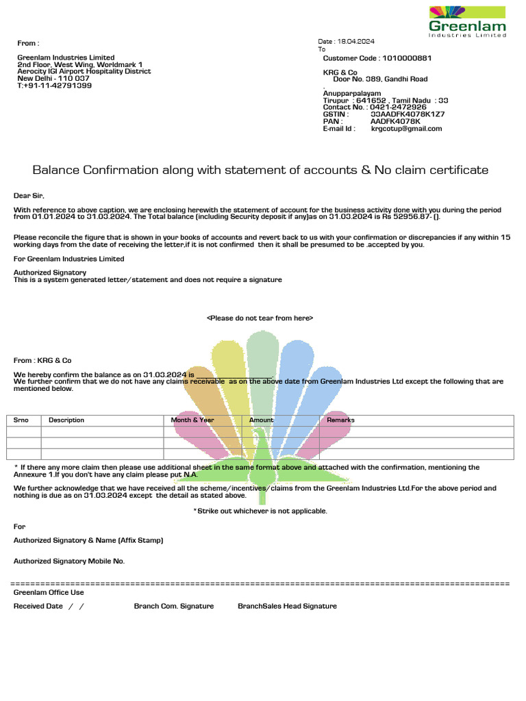 Balance Confirmation Along With Statement of Accounts & No Claim ...