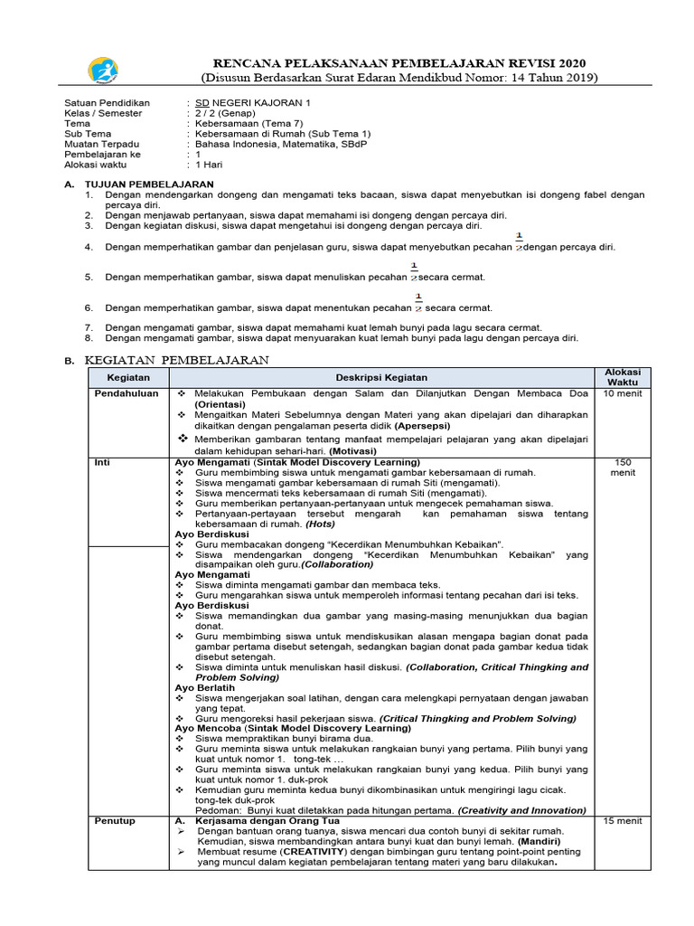 RPP Kelas 2 Tema 7 Subtema 1 Pembelajaran 1 K13 Revisi 2020 | PDF