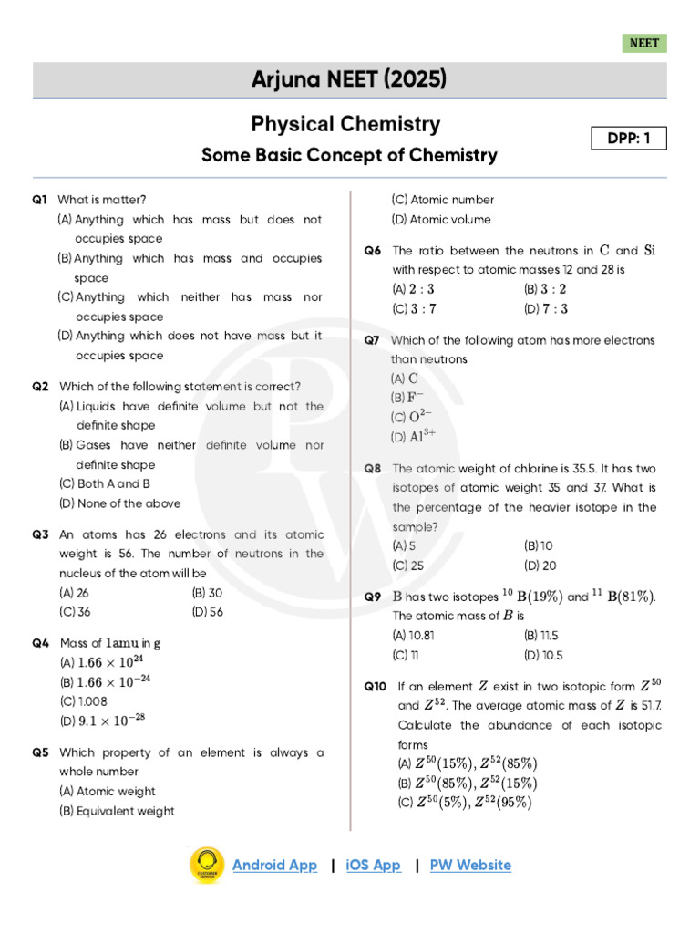 NEET Chemistry Concepts and Questions | PDF | Atoms | Isotope