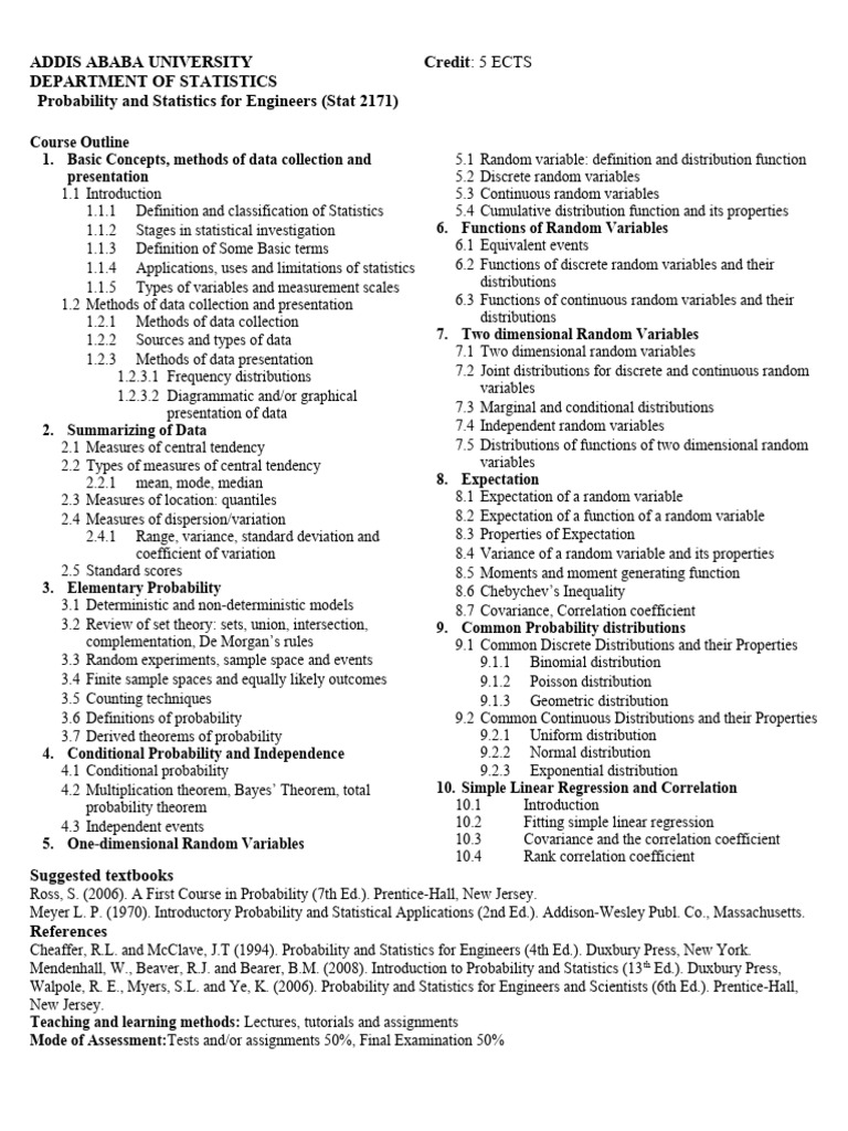 Statistics for Engineers Course Outline | PDF | Probability ...