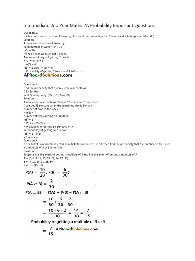 Maths 2A Probability Important Questions | Download Free PDF | Probability | Probability Theory