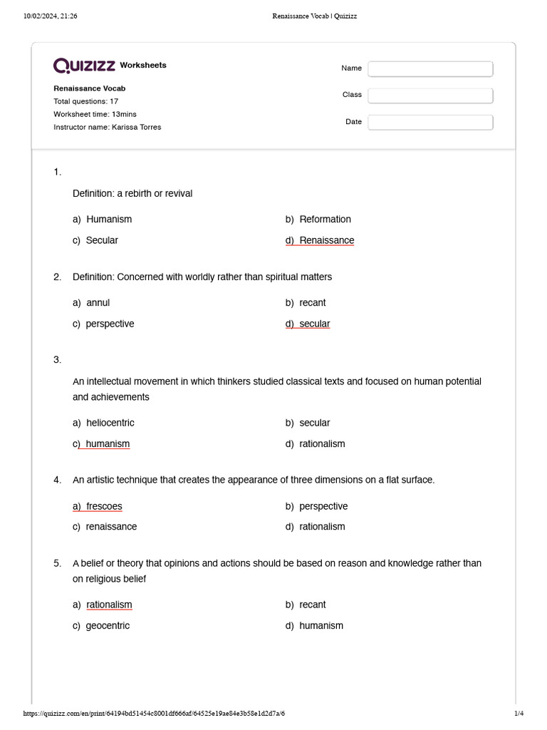 Renisance Quiz 2 | PDF | Renaissance | Humanism