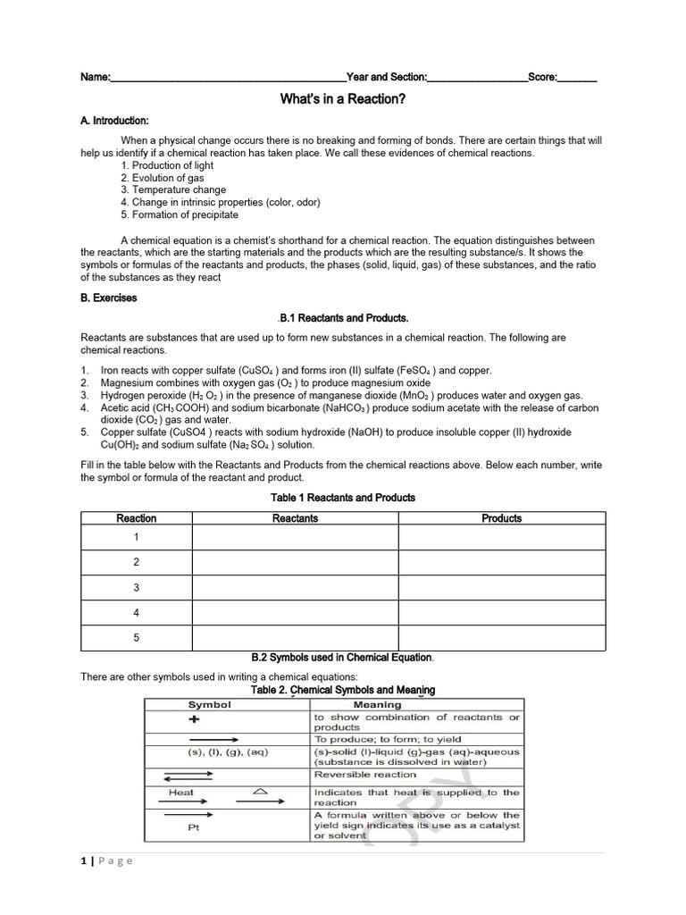 Chemical Reaction Worksheet | PDF | Chemical Reactions | Chemical ...