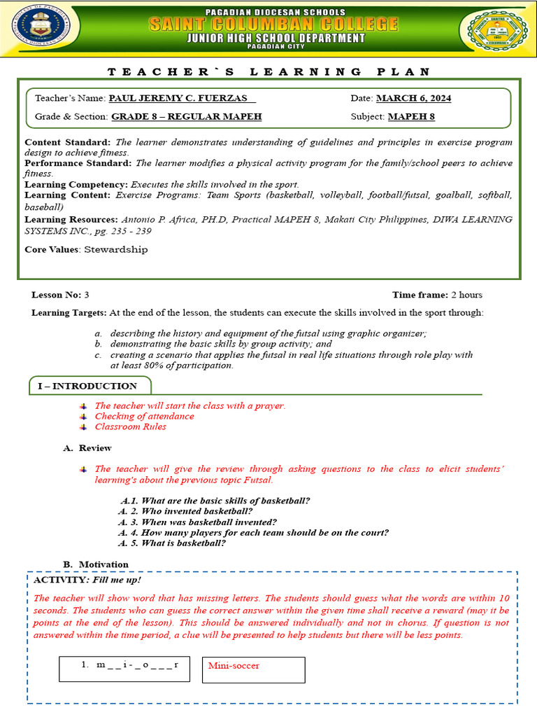 Lesson Plan - Mapeh 8 - Futsal | PDF | Teachers | Reading Comprehension