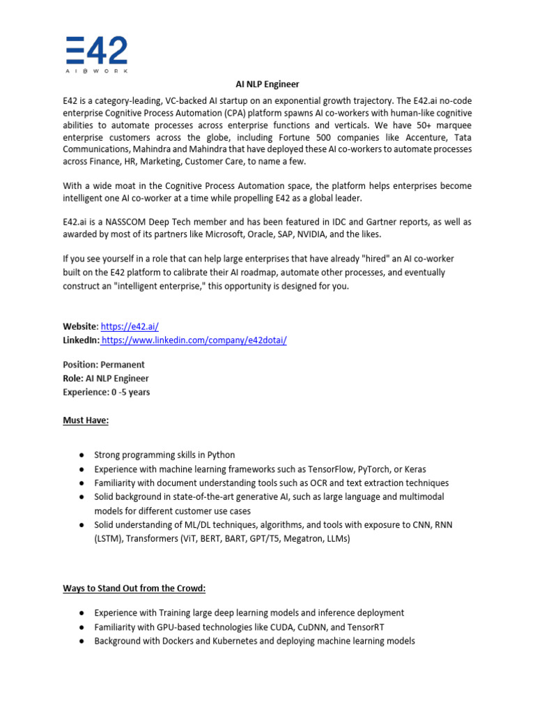 AI NLP Engineer Role at E42.ai | PDF | Artificial Intelligence ...