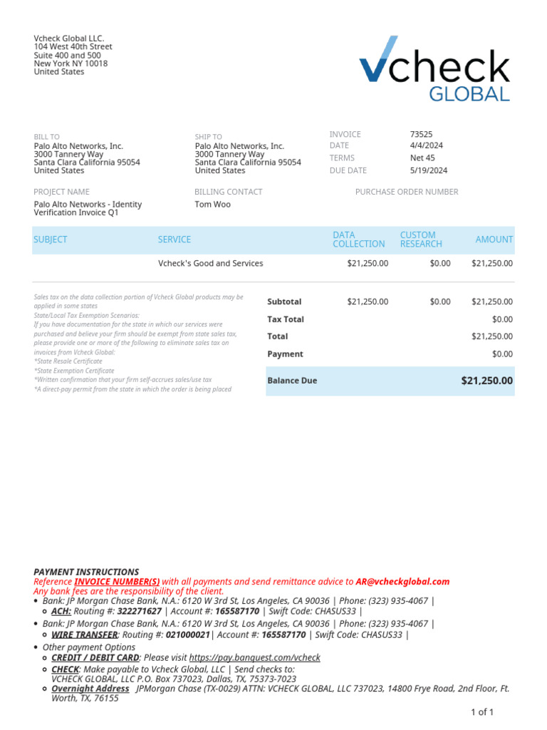 Invoice 73525 - Palo Alto Networks - Indentity Verification Invoice Q1 | PDF | Invoice | Payments