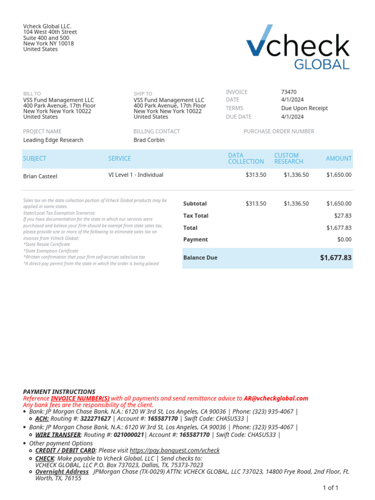 VSS Fund Management - Invoice 73470 - Project Leading Edge Research ...