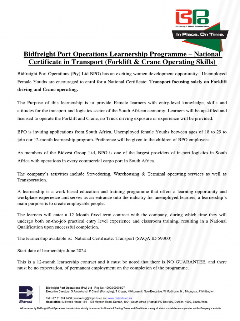 Learnership Advert – National Certificate In Transport (Forklift & Crane) 2024 | PDF | Forklift
