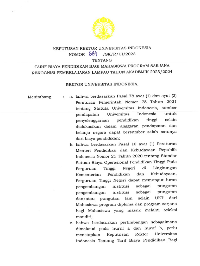 SK No 684 Tarif Program Sarjana RPL TA 2023 2024 | PDF