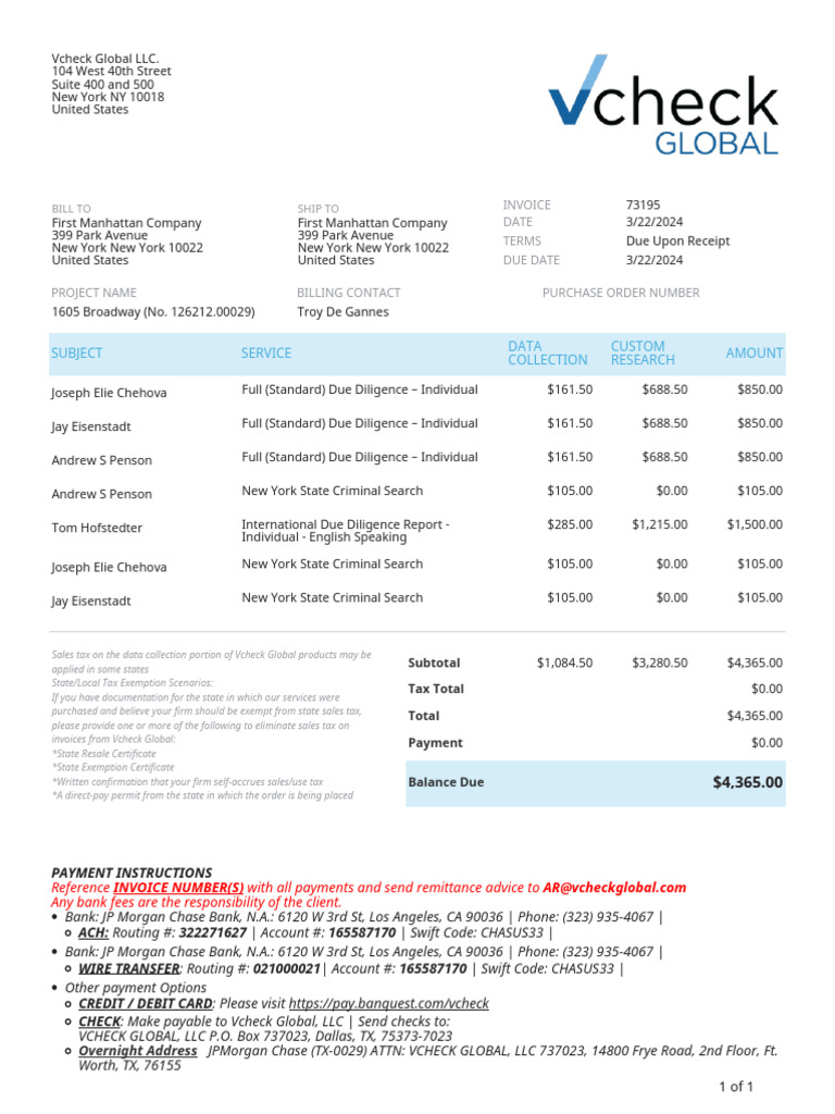 1605 Broadway (No. 126212.00029) - First Manhattan Company - Invoice ...