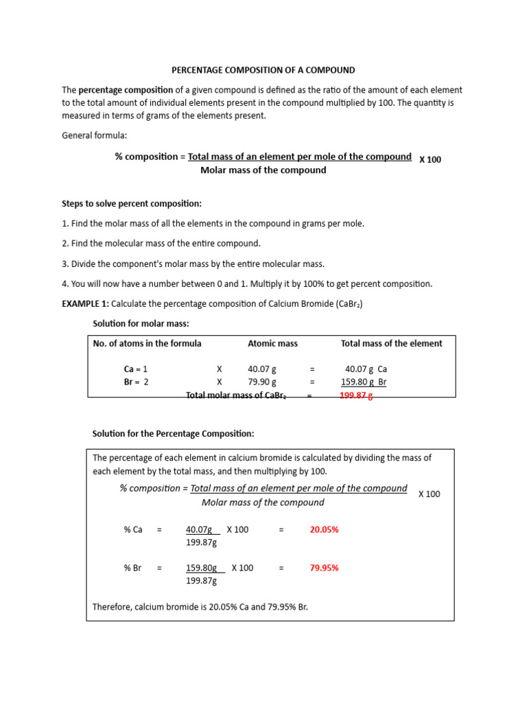 Percentage Composition of A Compound | PDF | Mole (Unit) | Physical ...