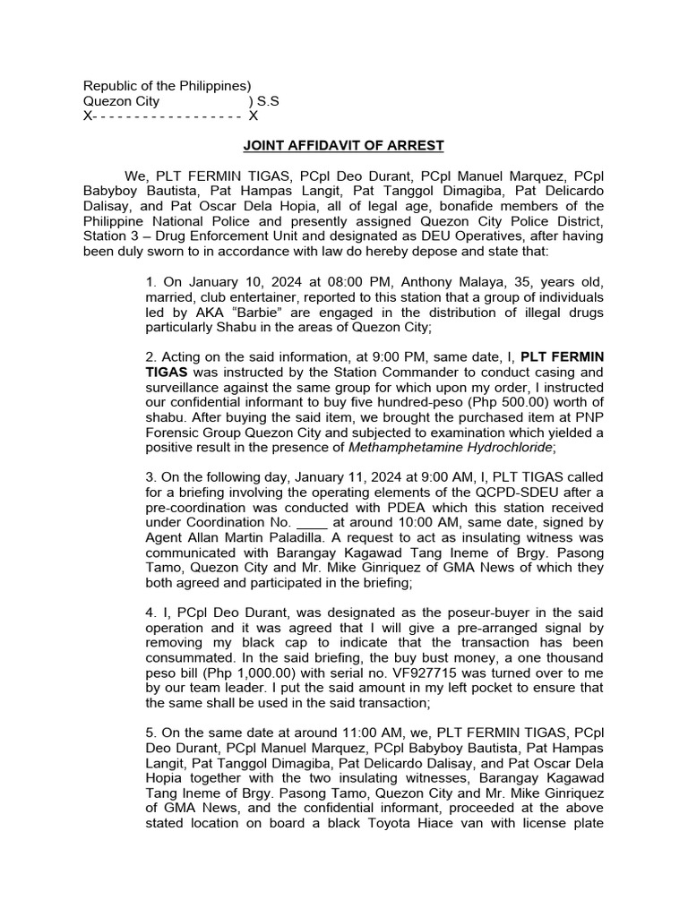 Joint Affidavit of Arrest for Drug Offense | PDF | Affidavit