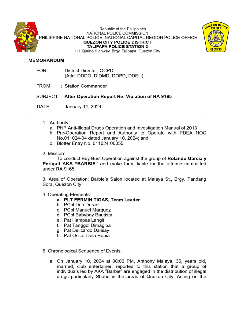 After Operation Report - Barbie | PDF | Law Enforcement | Crime & Violence