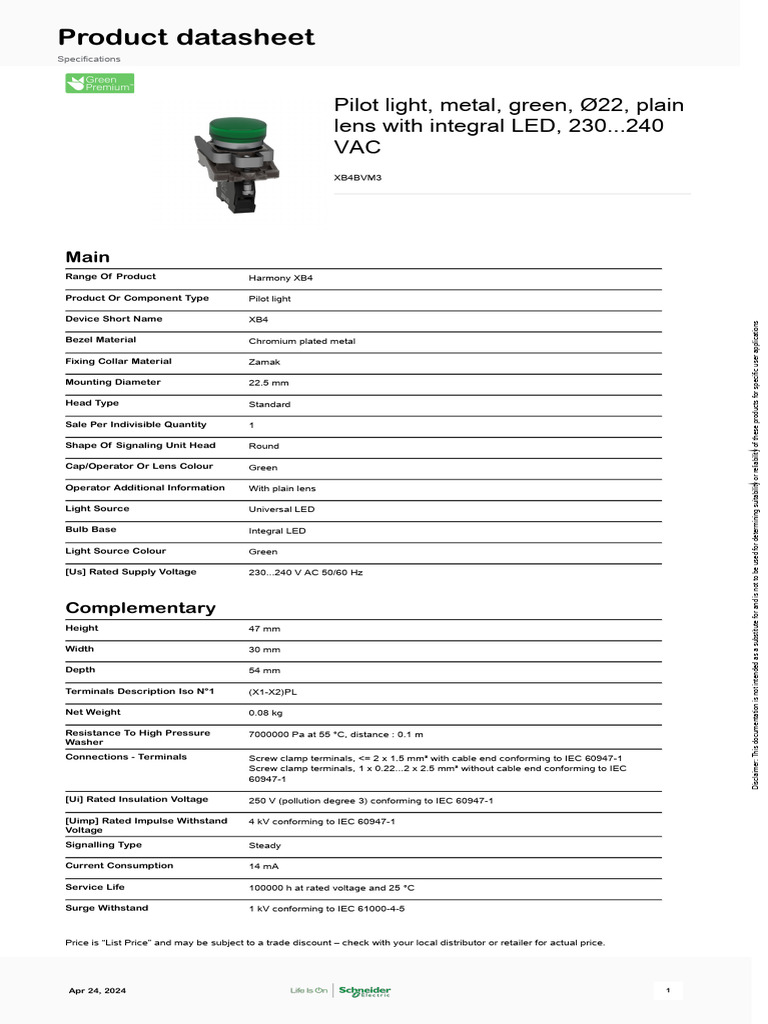 DATASHEET PILOTO VERDE Schneider Electric - Harmony-XB4 - XB4BVM3 | PDF | Alternating Current ...