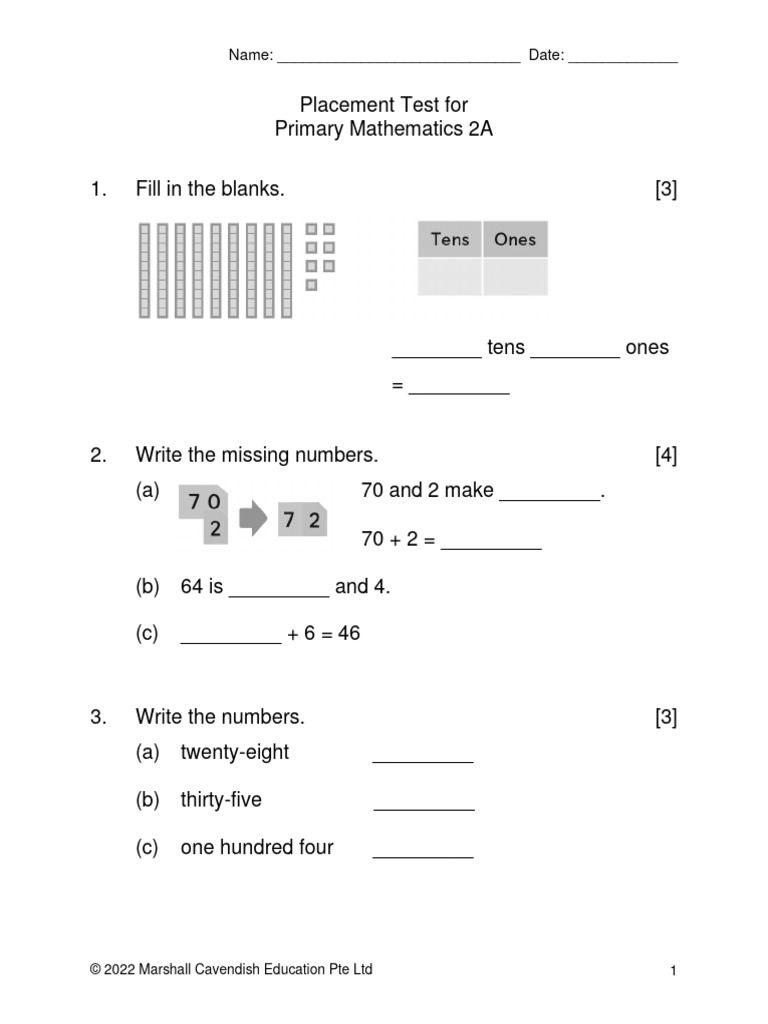 Primary Math Placement Test 2A | PDF | Mathematics | Arithmetic