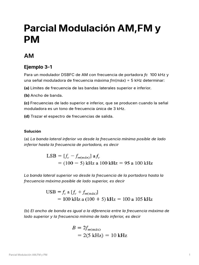 Parcial Modulación AM, FM y PM | PDF | Modulación de frecuencia | Modulación