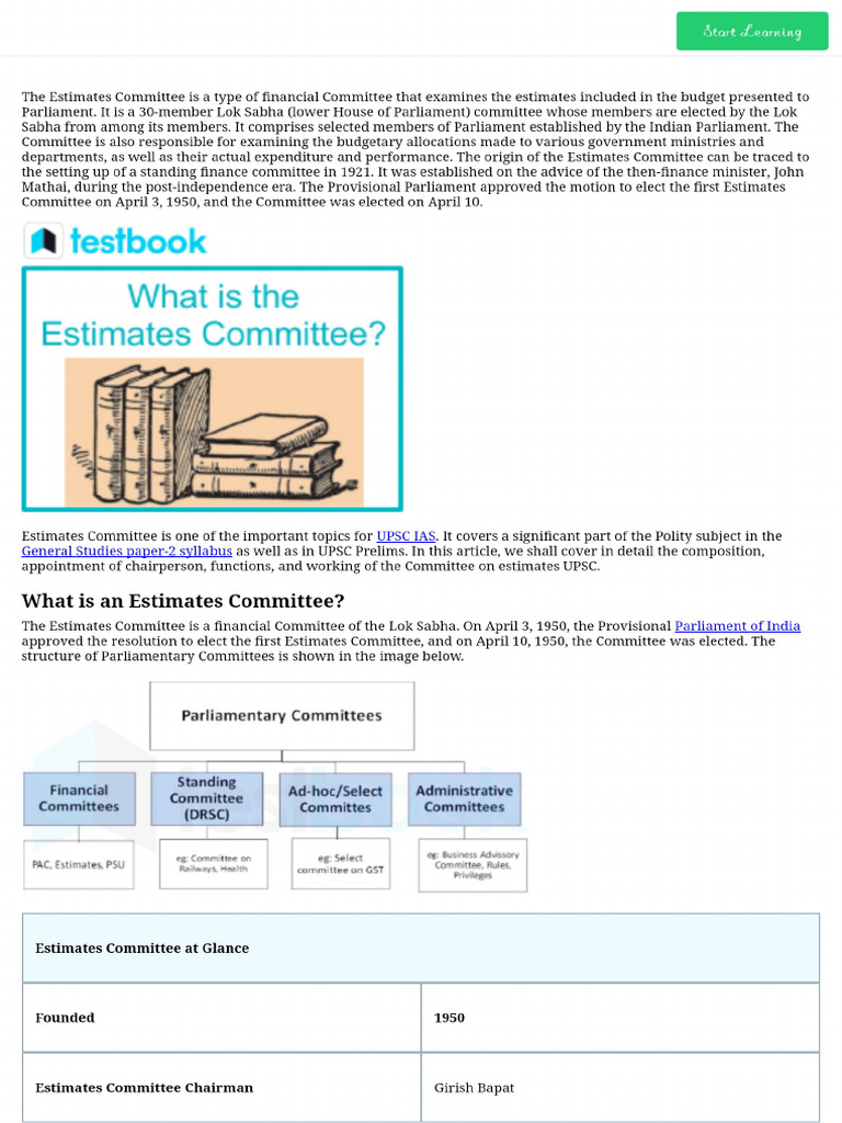Estimates Committee - Functions, Members & Achievements - UPSC | PDF