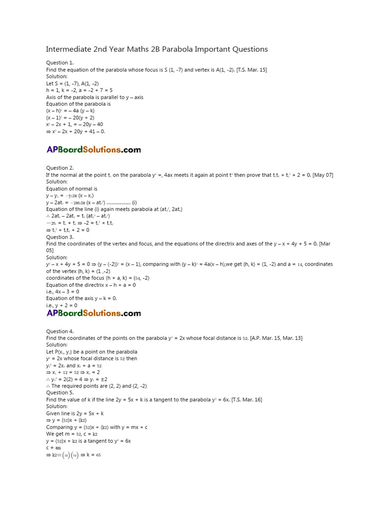 Maths 2B Parabola Important Questions | PDF | Geometric Shapes ...