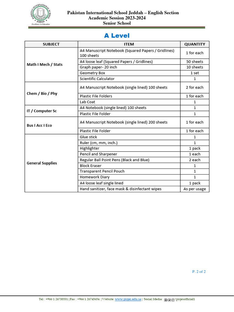 Supplies List A Level | PDF | Notebook | Stationery