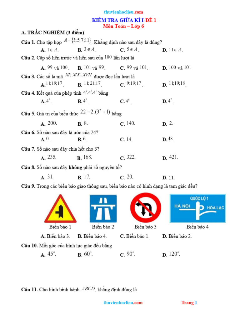 Bo de Thi Giua HK1 Mon Toan 6 Nam 2022 2023 Co Dap An | PDF