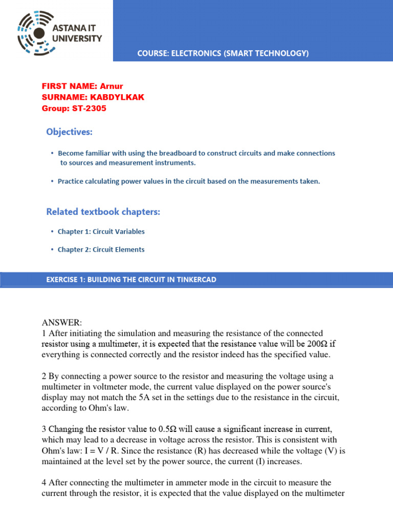 Electronics Lab 2 Kabdylkak Arnur ST-2305 | PDF | Resistor | Electrical Network