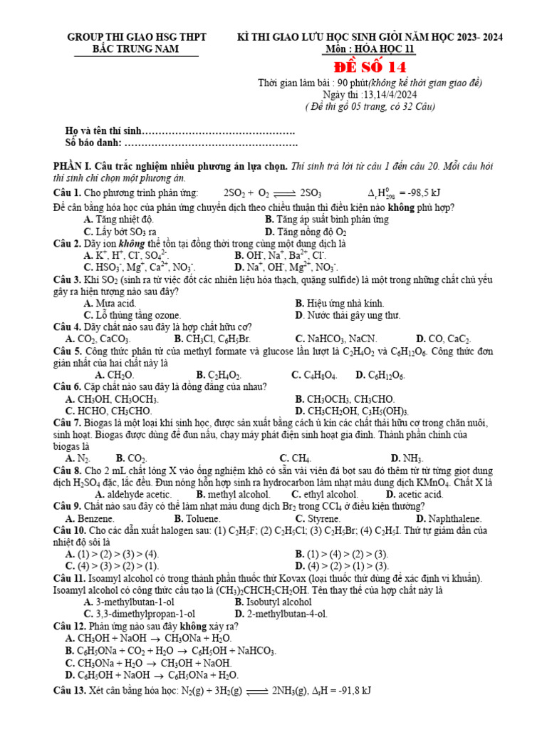 ĐỀ SỐ 14 KHỐ 11 HSG BẮC TRUNG NAM CHÍNH THỨC | PDF