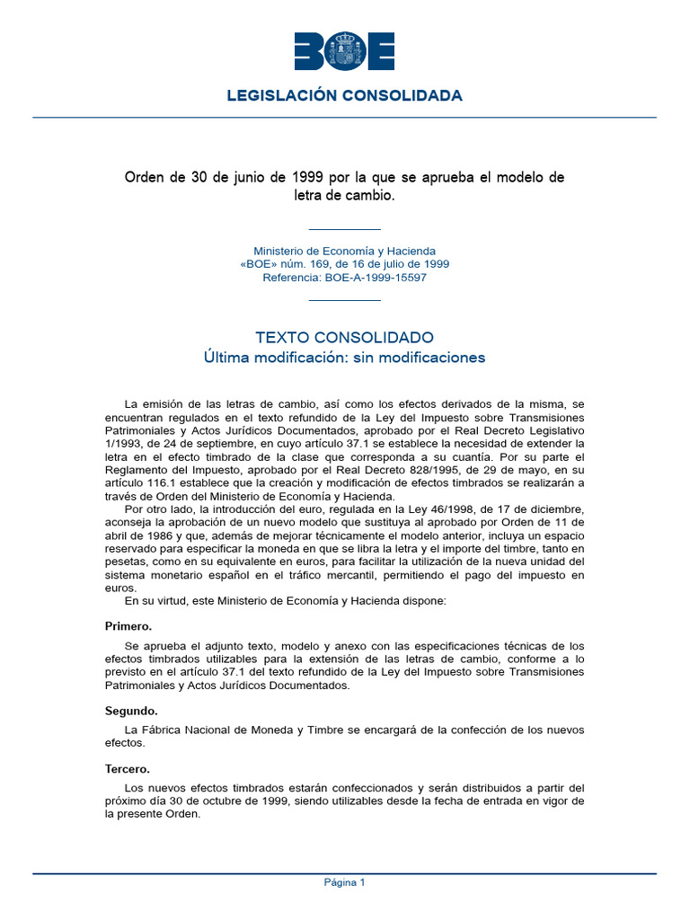 BOE-A-1999-15597-consolidado Aprueba Modelo Letra de Cambio | PDF ...