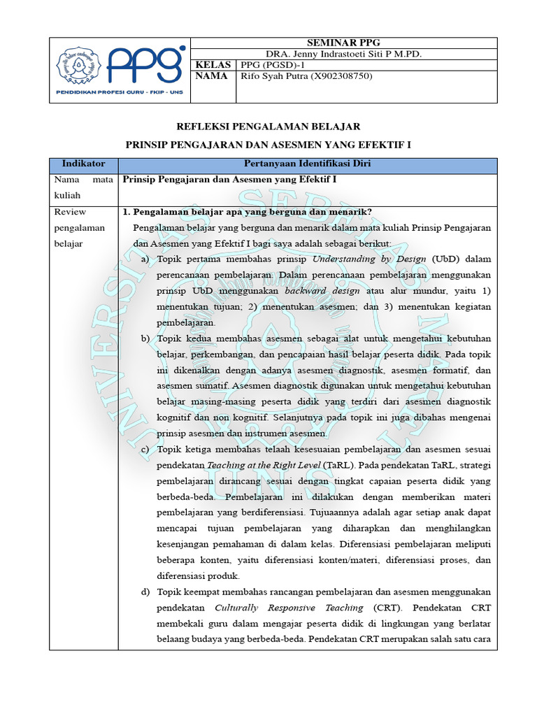 C. Jurnal Refleksi Prinsip Pengajaran Dan Asesmen Yang Efektif I | PDF