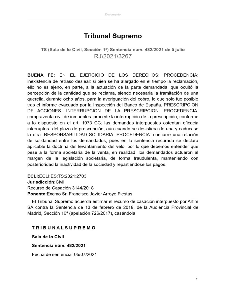 Jur - TS (Sala de Lo Civil, Seccion 1a) Sentencia Num. 482-2021 de 5 Julio - RJ - 2021 - 3267 ...