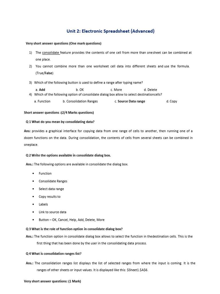 PART B UNIT 2 - Electronic Spreadsheet Advanced | PDF | Spreadsheet | Hyperlink