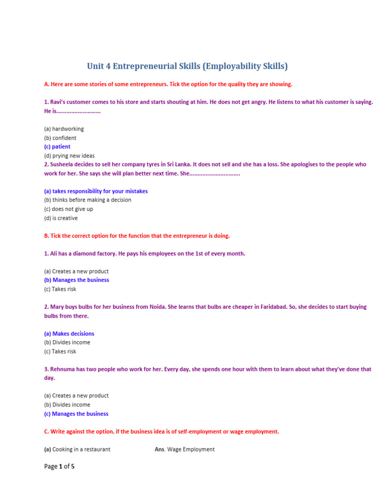 PART A UNIT 4 - Entrepreneurial Skills | PDF | Entrepreneurship ...
