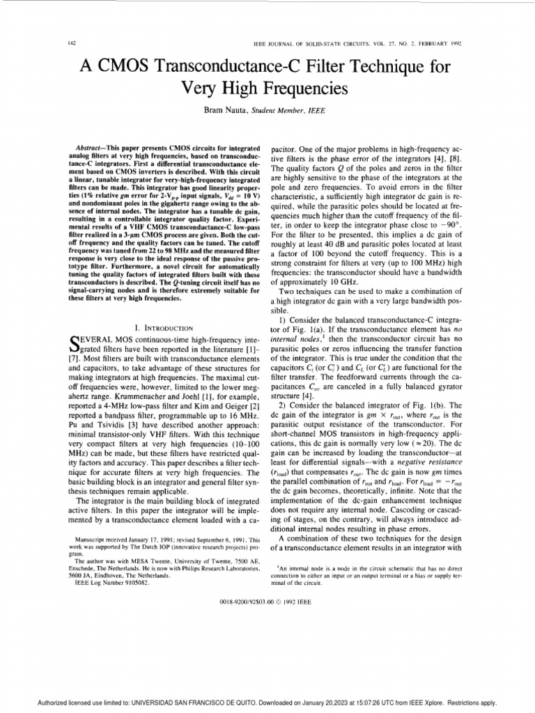 A CMOS Transconductance-C Filter Technique For Very High Frequencies ...