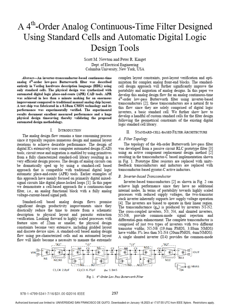 A 4th-Order Analog Continuous-Time Filter Designed Using Standard Cells and Automatic Digital ...