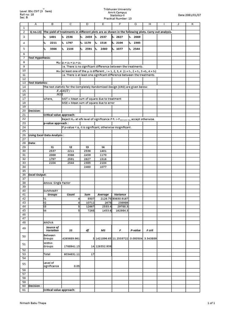 Pr. 13 One Way Anova (CRD) | PDF | P Value | Statistical Theory