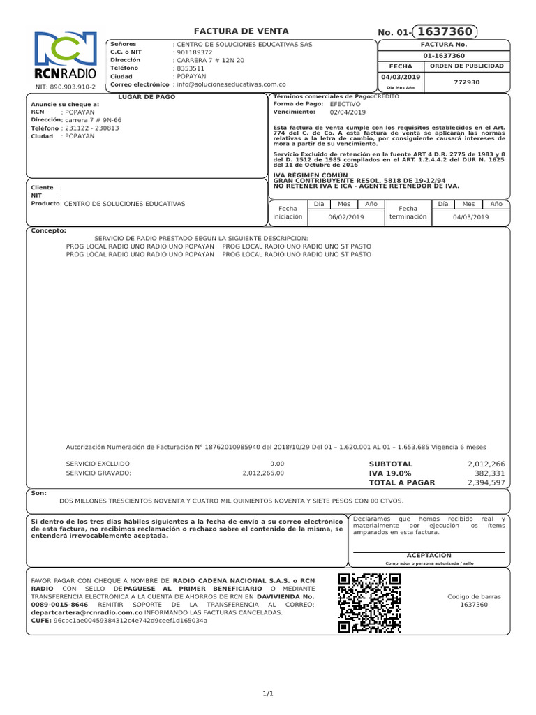 Factura RCN para Soluciones Educativas | PDF