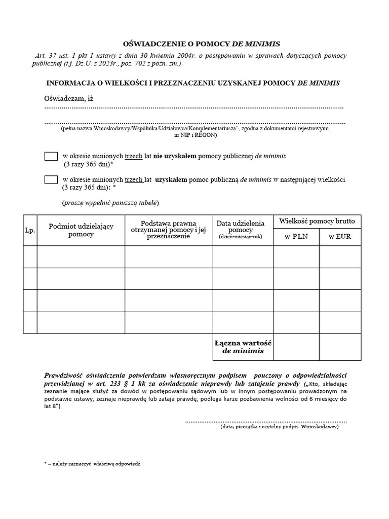 Oświadczenie o Pomocy de Minimis | PDF