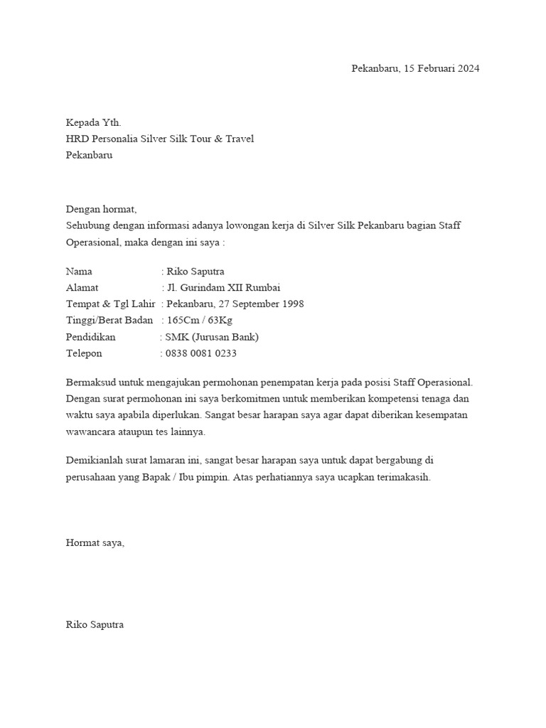 Surat Lamaran - Riko Saputra | PDF | Karier & Perkembangan | Bisnis