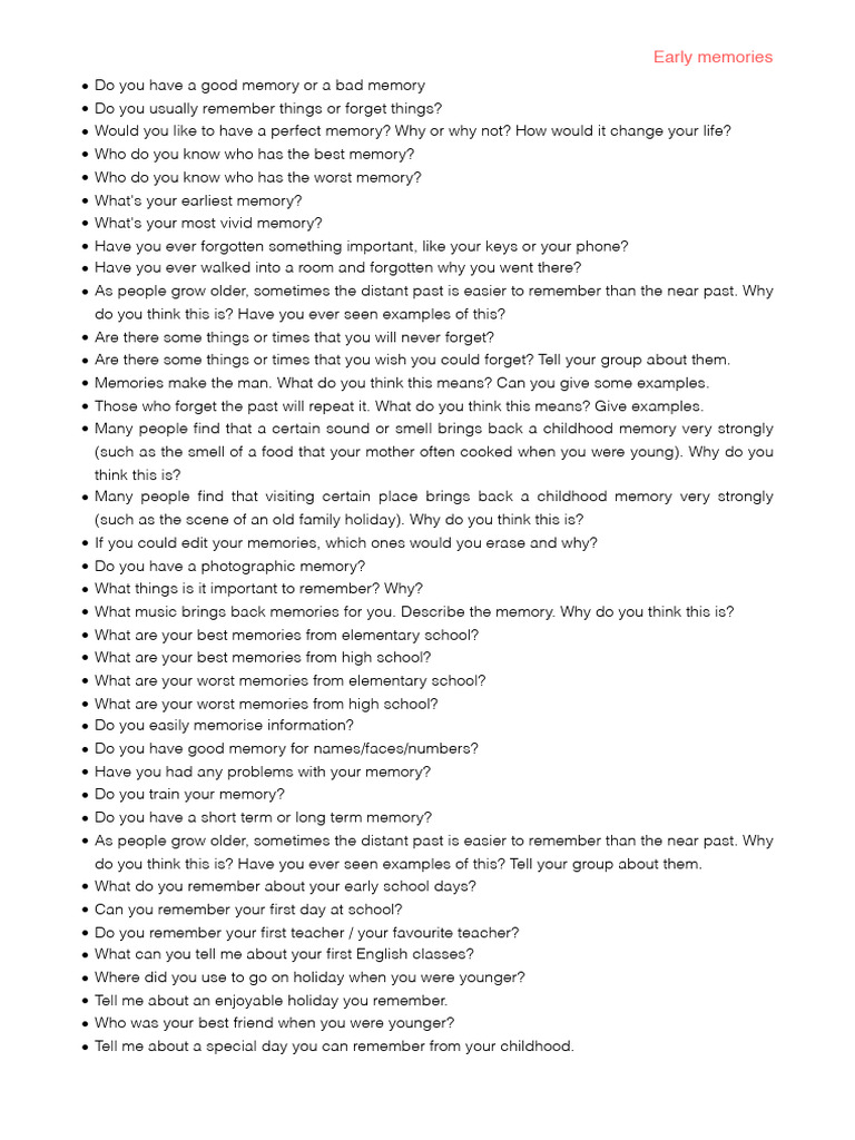 Early Memories Questions | PDF | Memory | Mental Processes