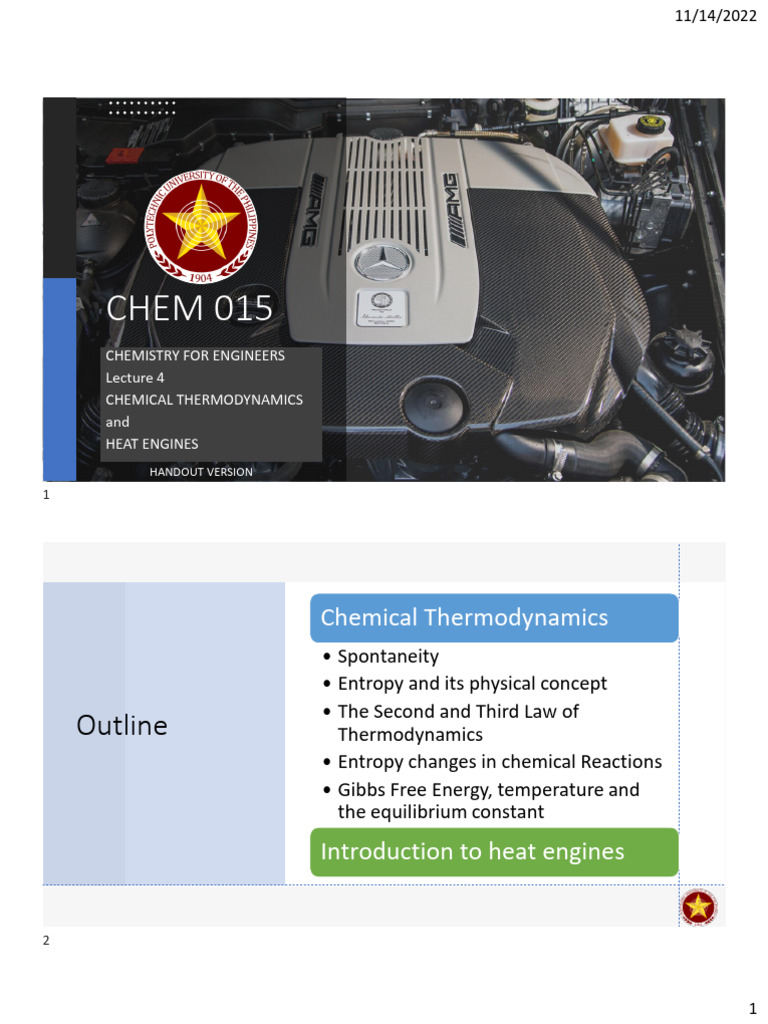 CHEM015 Lecture 4 HO - Chemical Thermodynamics & Heat Engines | PDF | Entropy | Gibbs Free Energy