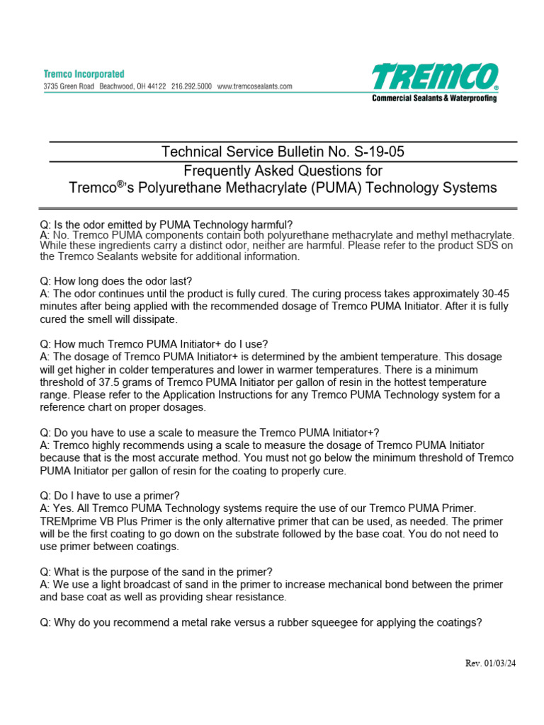 Technical Bulletin S-19-05 - Tremco PUMA Technology Systems FAQ ...