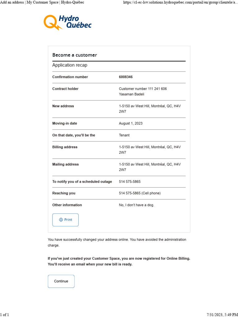Add an Address My Customer Space Hydro-Québec | PDF