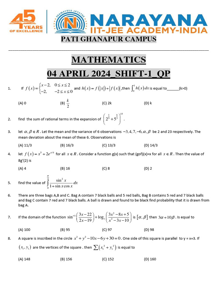 Mathematics Question Paper - April 2024 | PDF | Mean | Variance