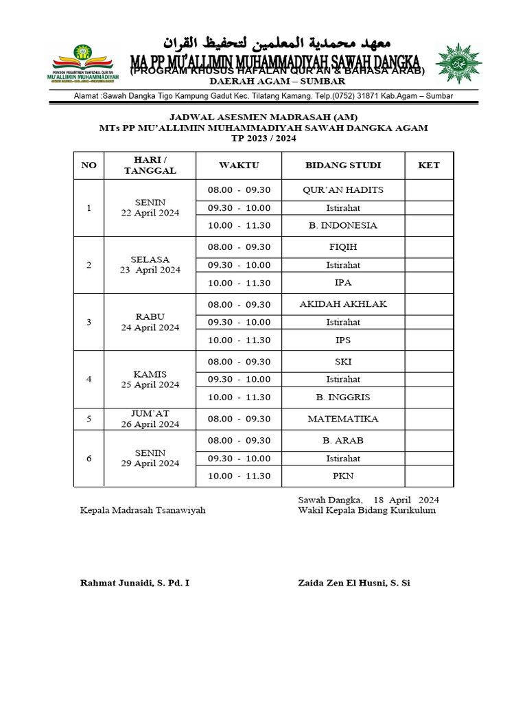 Jadwal Asesmen MTs PP Mu’allimin 2024 | PDF
