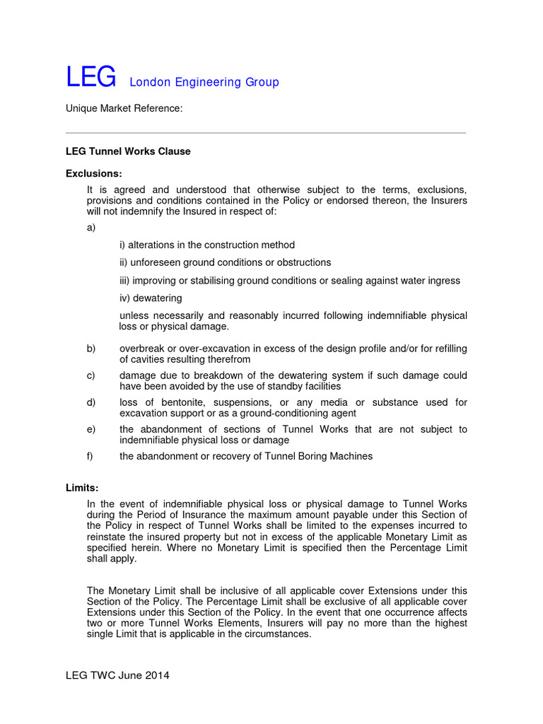 LEG Tunnel Works Clause June 2014 2 | PDF | Tunnel | Insurance