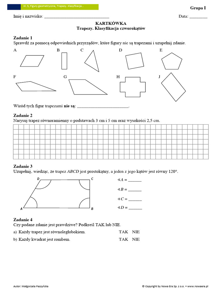 Kartkowka Trapezy Klasyfikacja Czworokatow | PDF