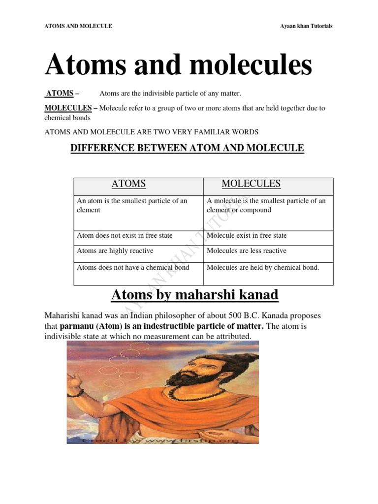 Atoms and Molecules Full Notes | PDF | Mole (Unit) | Ion